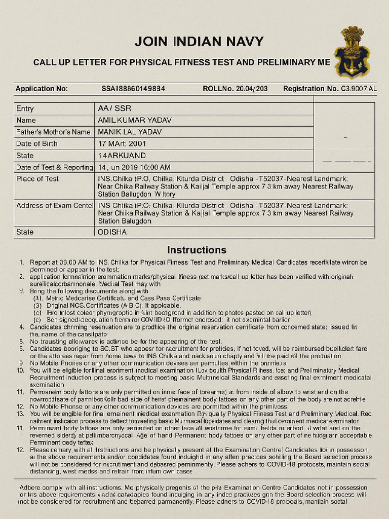 Indian Navy Call Letter | PDF