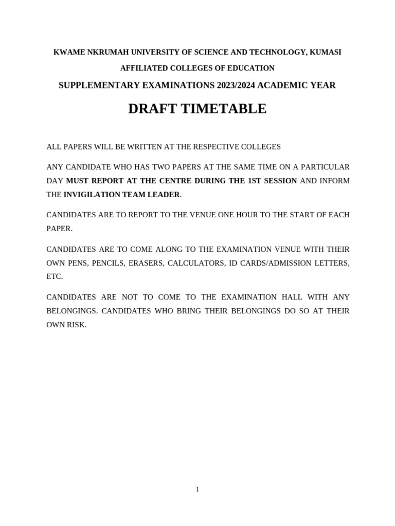 Draft Timetable For 2023.2024 Supplementary Examination | PDF | Middle ...