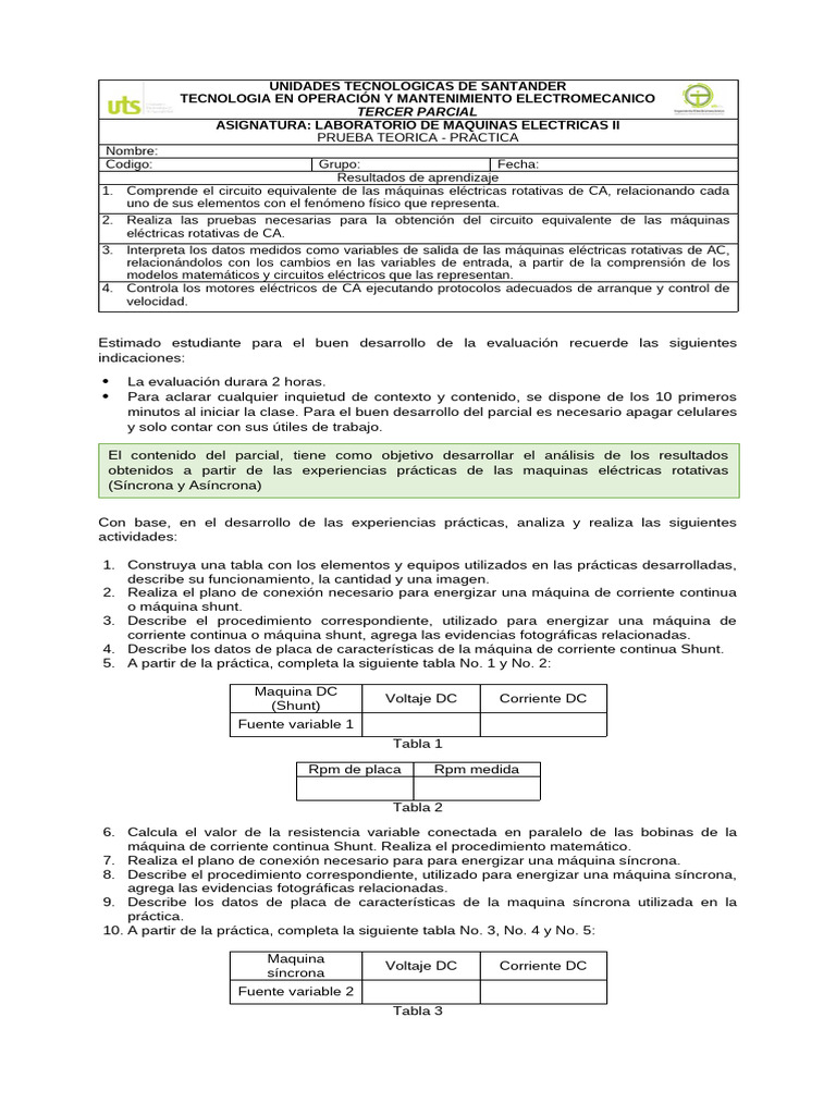 Tercer Parcial Lab Maquinas Electricas Ii | PDF | Corriente alterna | Red eléctrica