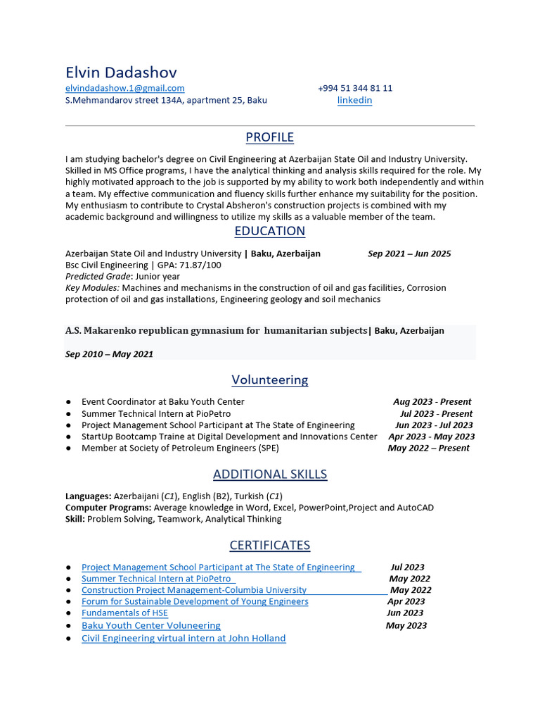 CV For Civil Engineering Position Application | PDF | Engineering