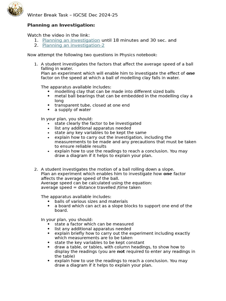 Planning An Investigation-Winter Break Homework | PDF