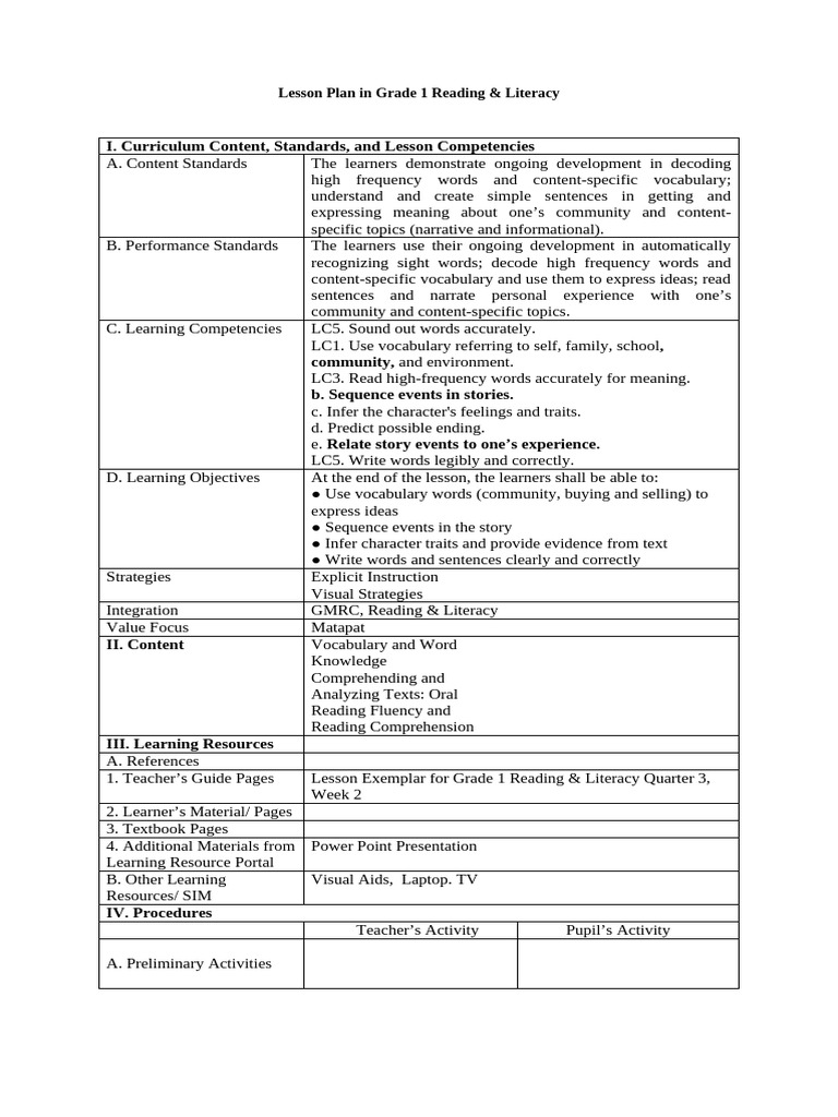 Lesson Plan in Grade 1 Reading & Literacy | PDF