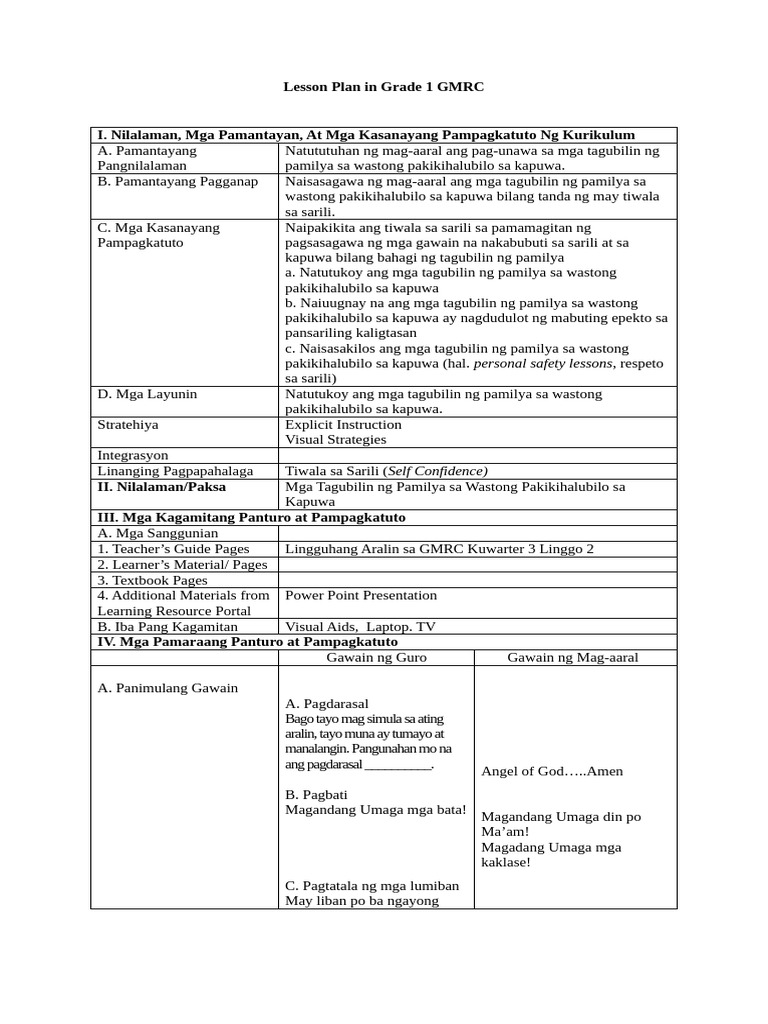 Lesson Plan in Grade 1 GMRC 2 | PDF