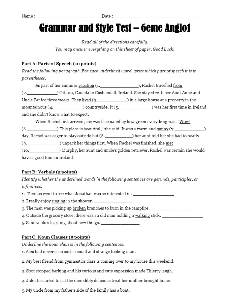 Grammar and Style Test for 6eme Anglo1 | PDF | Sentence (Linguistics ...