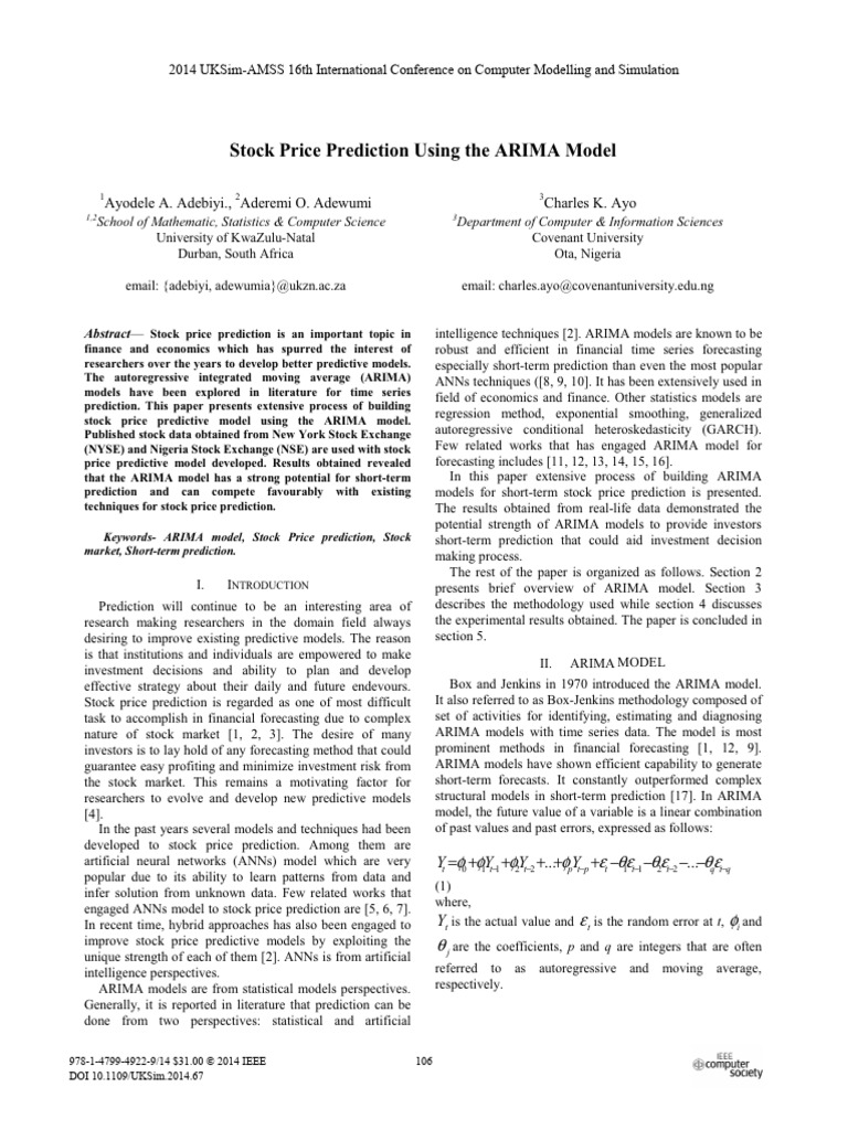 Stock Price Prediction Using The ARIMA Model | PDF | Autoregressive Integrated Moving Average ...
