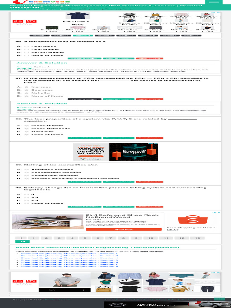 Chemical Engineering Thermodynamics MCQ Questions & Answers Chemical ...