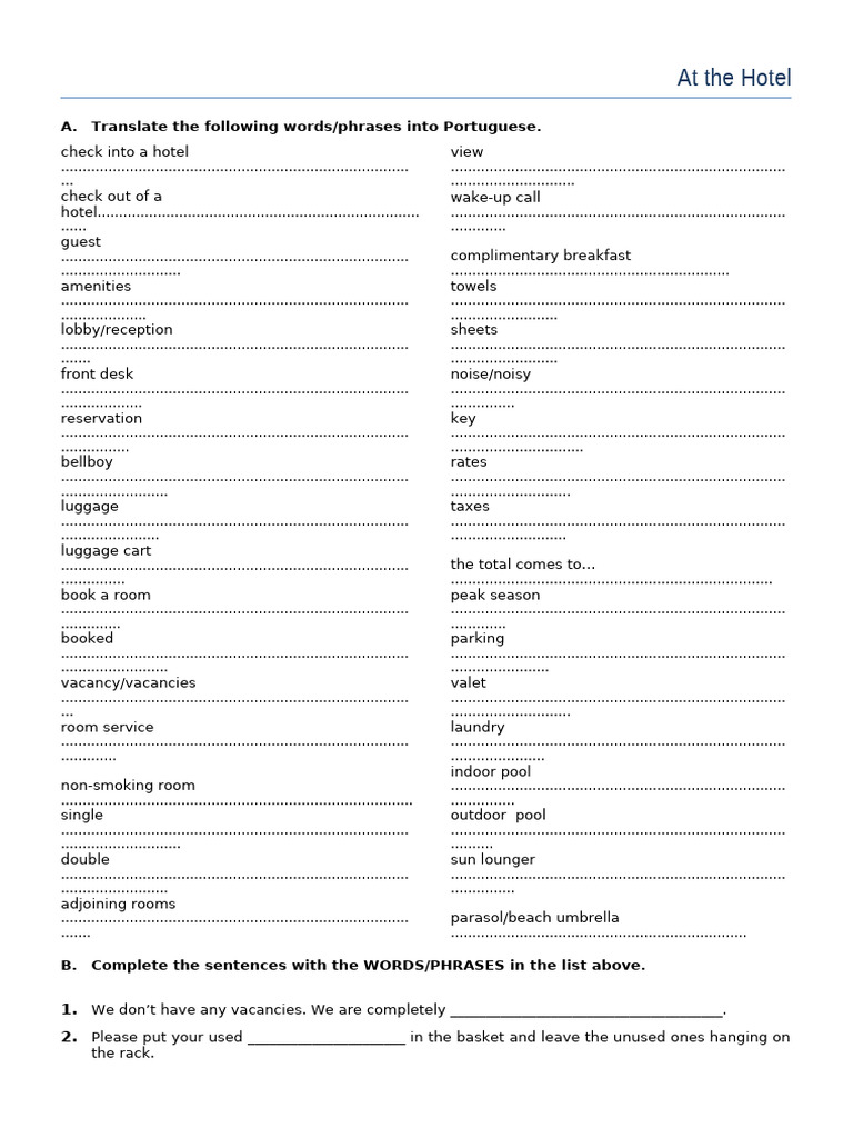 At The Hotel - Vocabulary | PDF