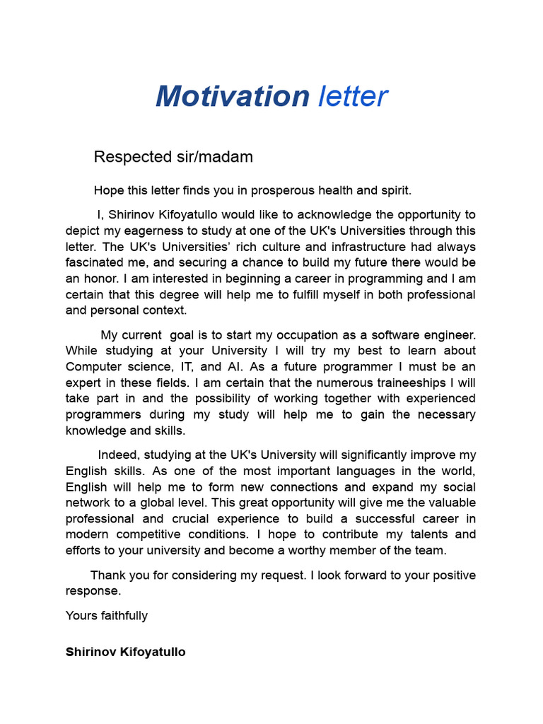 Motivation Letter For UK | PDF