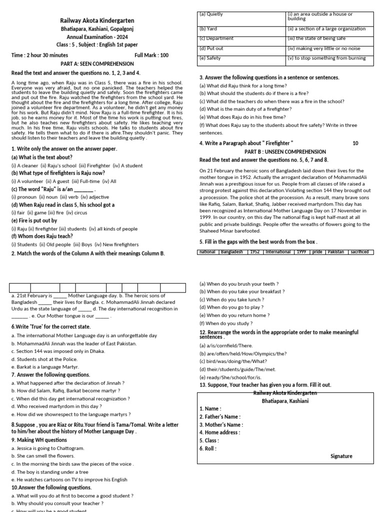 Annual Examination Class 5 Final | PDF | Linguistic Morphology | Syntax