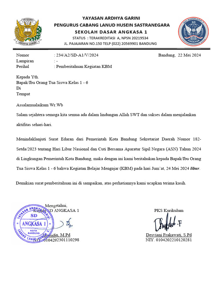 Surat Pemberitahuan KBM 22-5-2024 | PDF