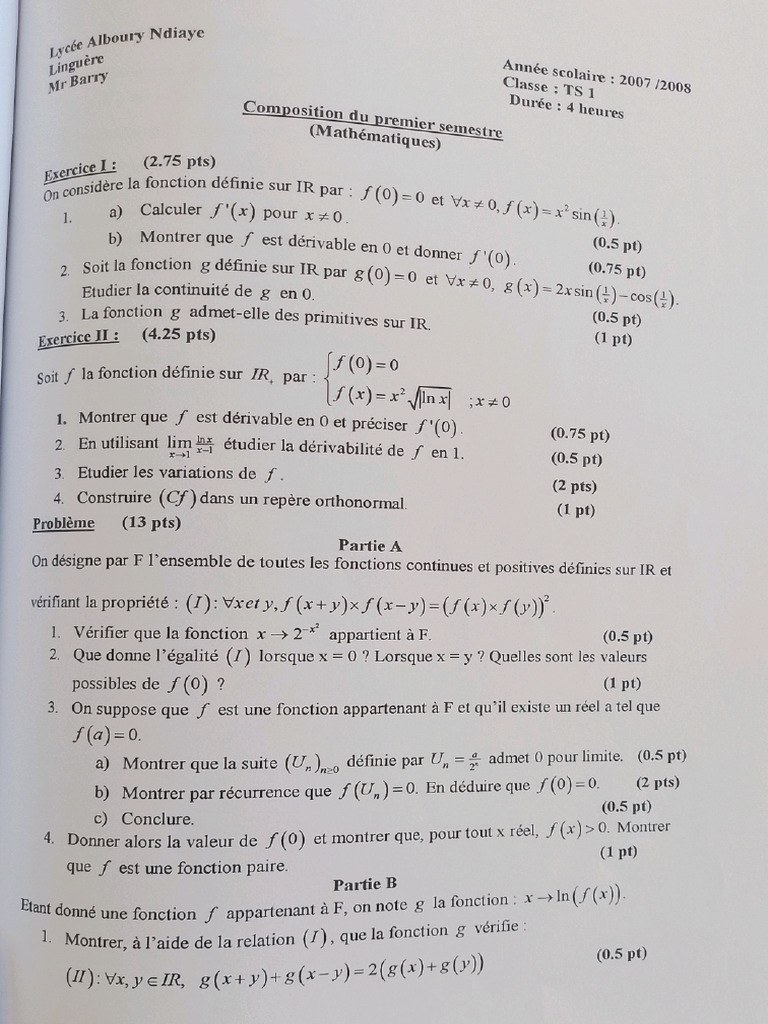 Composition Épreuve de Maths TS1 | PDF