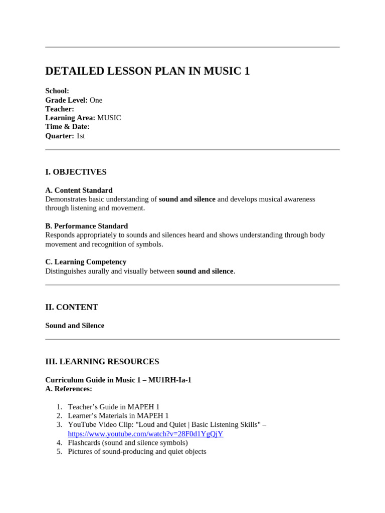 Grade 1 Music Lesson: Sound vs Silence | PDF | Learning | Lesson Plan