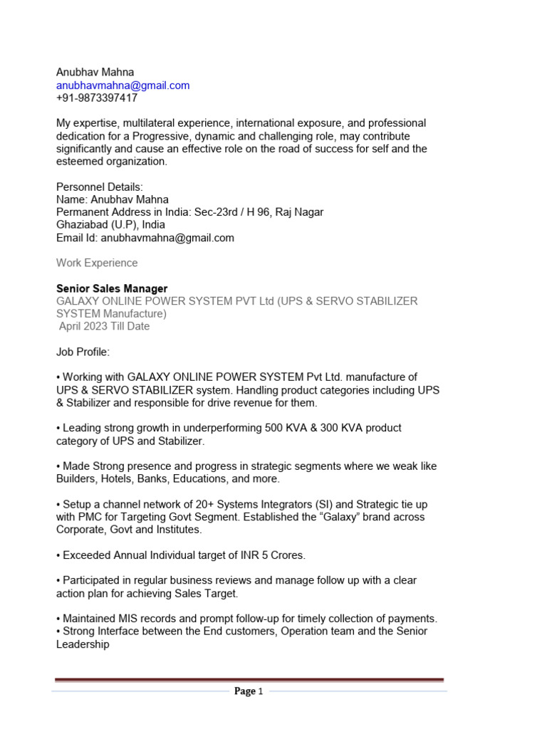 Sales Manager Resume of Anubhav Mahna | PDF | Sales | Marketing