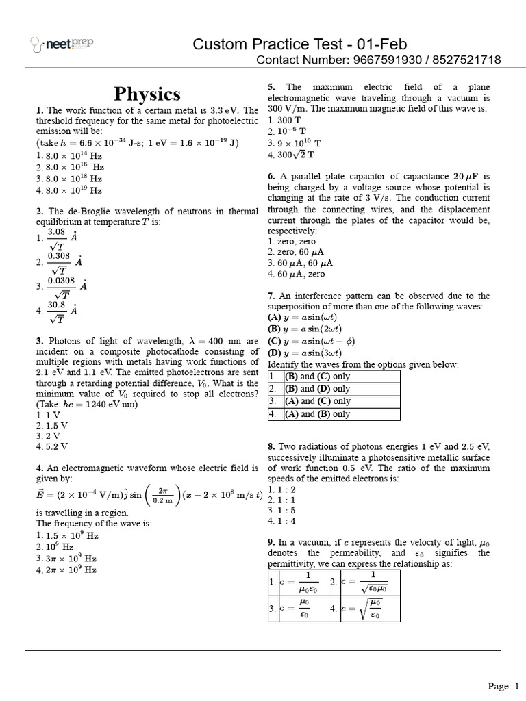 NEET Prep Custom Test Overview | PDF | Diffraction | Photoelectric Effect