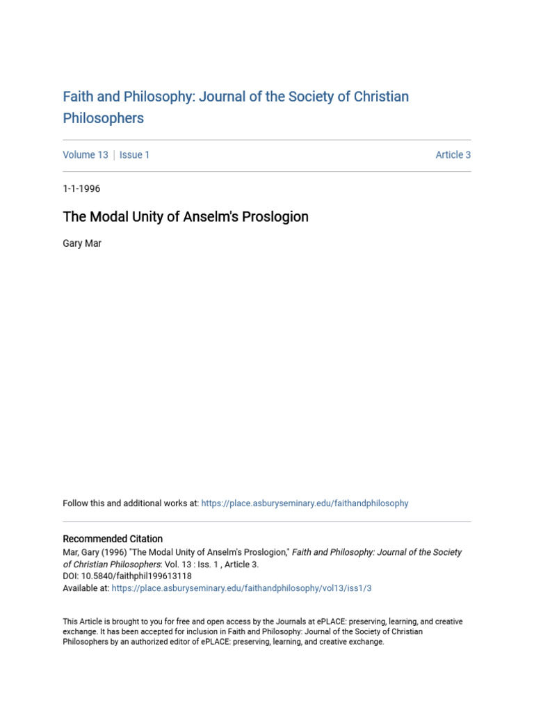 The Modal Unity of Anselm S Proslogion 4xvg0w16i6 | PDF | Argument | God