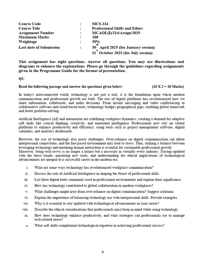 MCS-214 Mca Ignou Assignment | PDF | Time Management | Professional Skills
