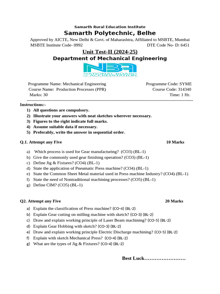 PPR Test II Question Paper 2024-25 - Copy | PDF