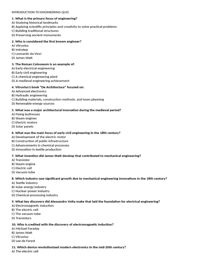 Engineering Quiz: Key Concepts and History | PDF | Engineering | Engines