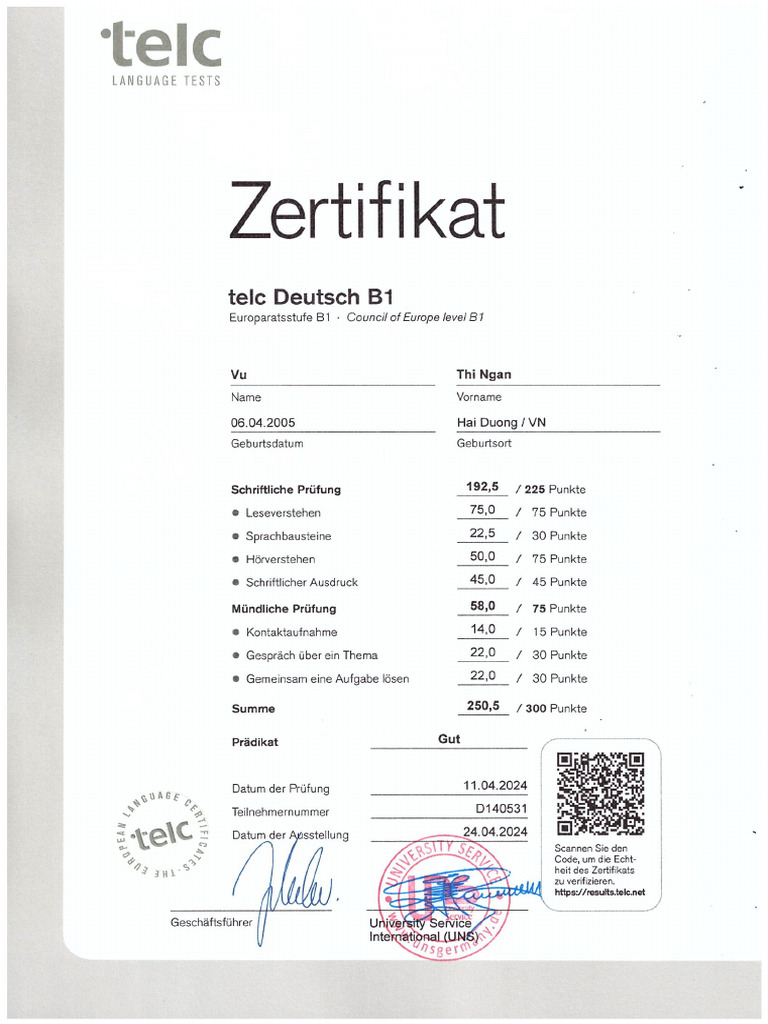 B1 TELC Zertifikat Thi Ngan Vu 2 | PDF