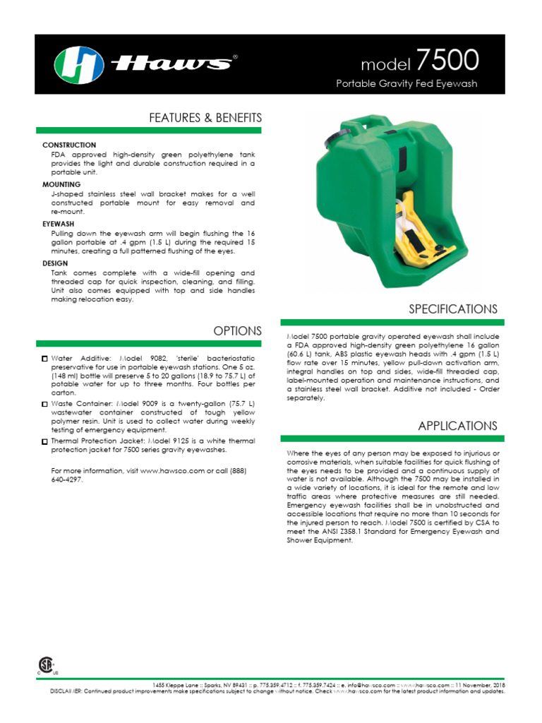 Haws Eye Wash Station Portable 7500 Specsheet PDF | PDF