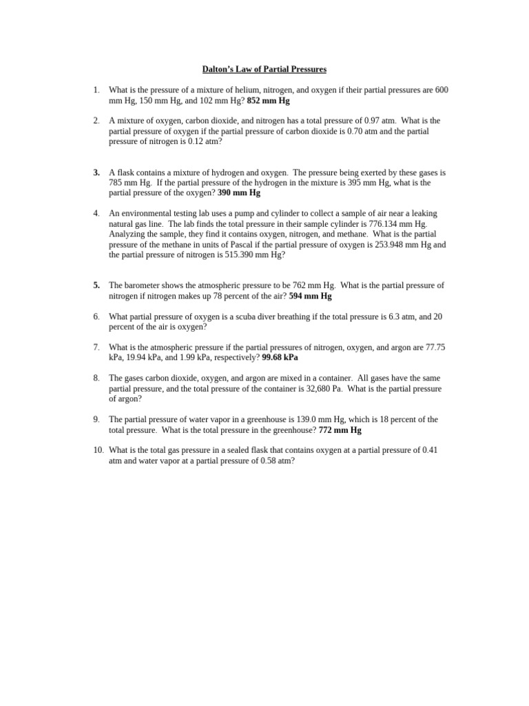 Daltons Law Problems | PDF