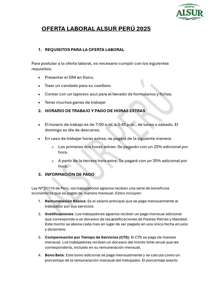 Oferta Laboral Alsur Perú 2025 | PDF | Salario | Labor
