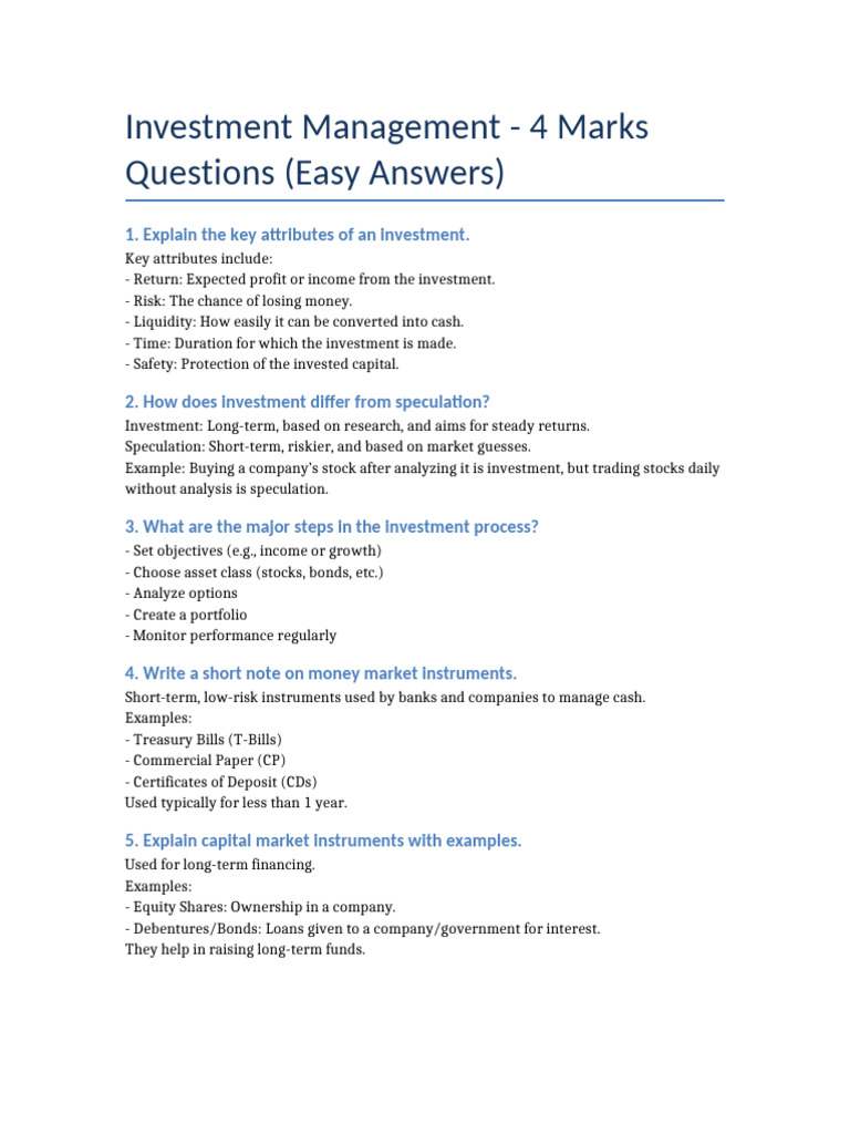 Investment Management 4 Marks Answers | PDF | Financial Risk | Investing