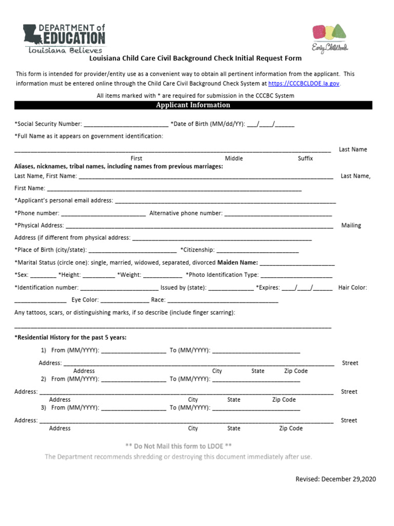 Louisiana Child Care Background Check Form | PDF | Marriage | Social ...