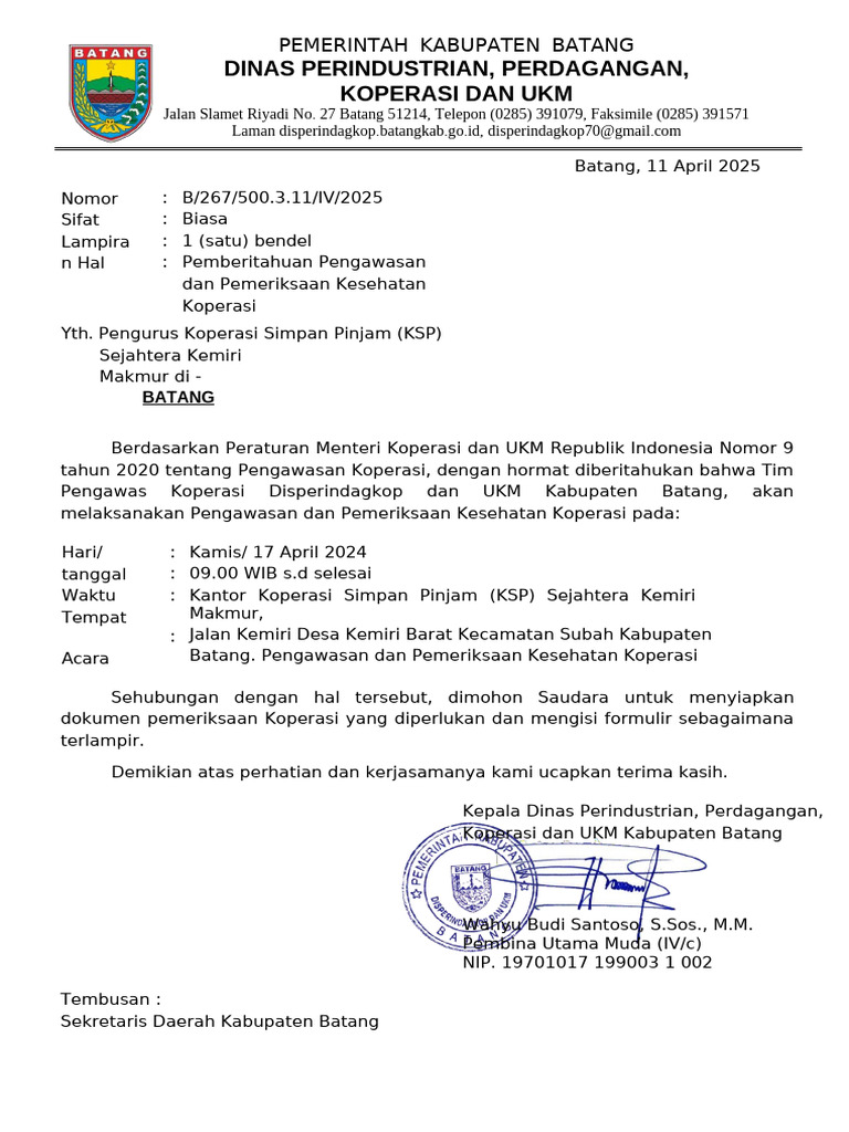 Surat Pemberitahuan Pengawasan KSP Sejahtera Kemiri Makmur | PDF