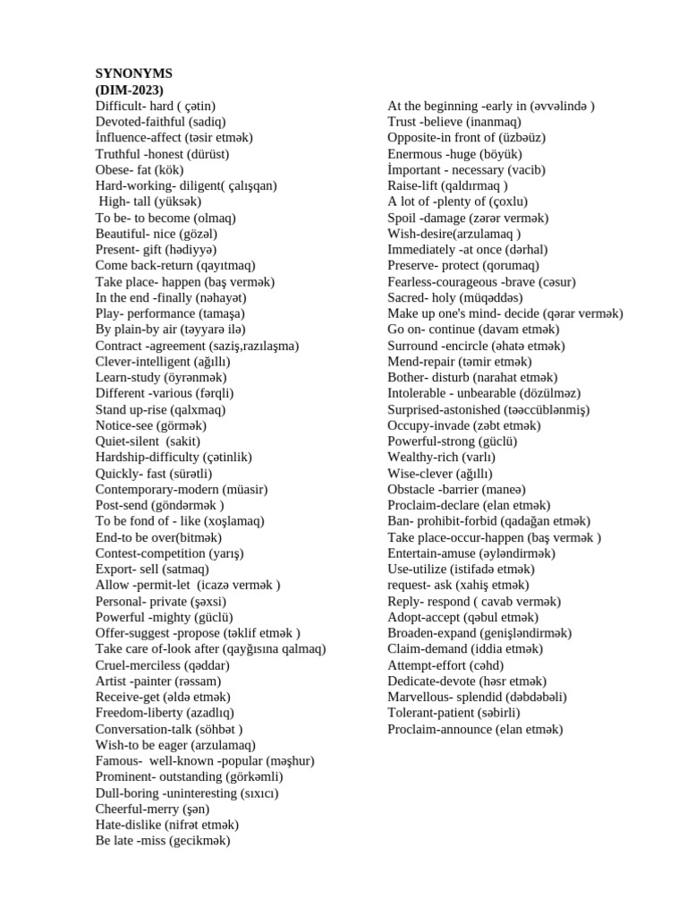 Synonyms (DIM-2023) | PDF