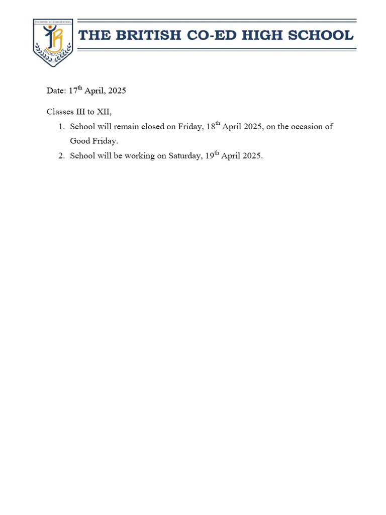School Closure Notice for Good Friday | PDF
