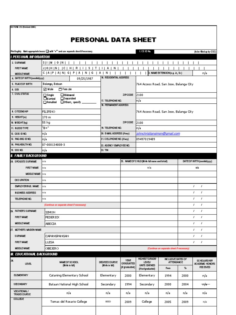 Personal Data Sheet CS Form 212 | PDF | Government | Social Institutions