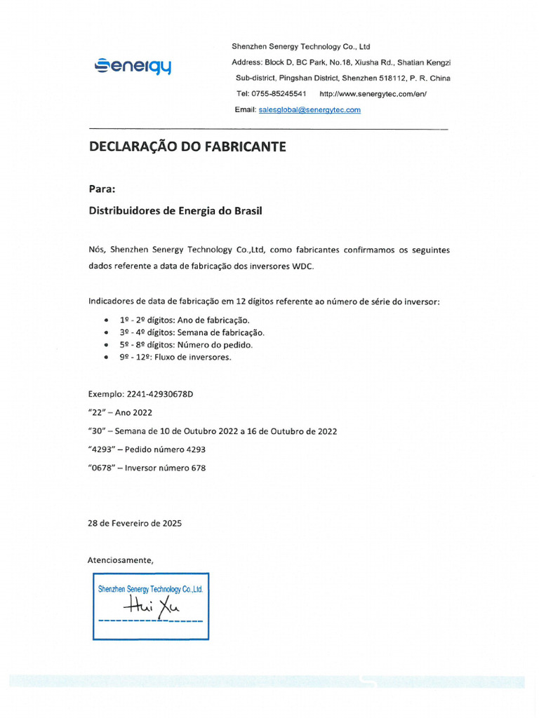 Declaração Do Fabricante - Manufacturer Declaration - SN - Signed | PDF