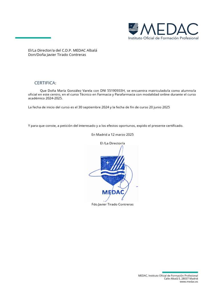 Certificado de Matrícula en MEDAC | PDF