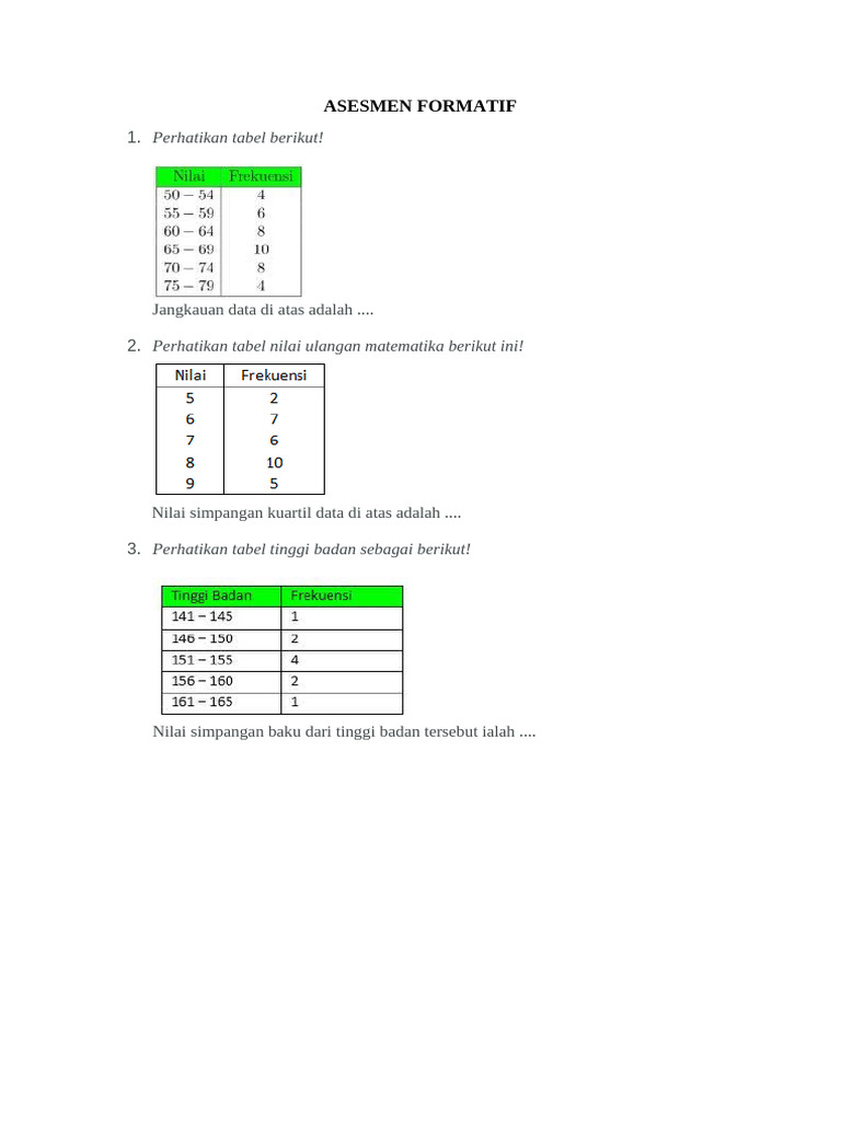 Asesmen Formatif Ukuran Penyebaran Data | PDF