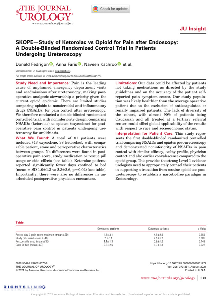 Fedrigon Et Al 2021 Skope Study of Ketorolac Vs Opioid For Pain After ...