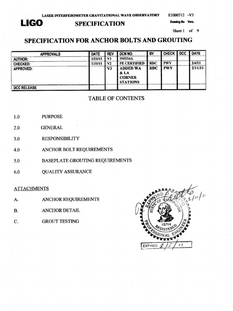 Anchor Bolt and Grouting Specs for LIGO | PDF | Nut (Hardware) | Ligo