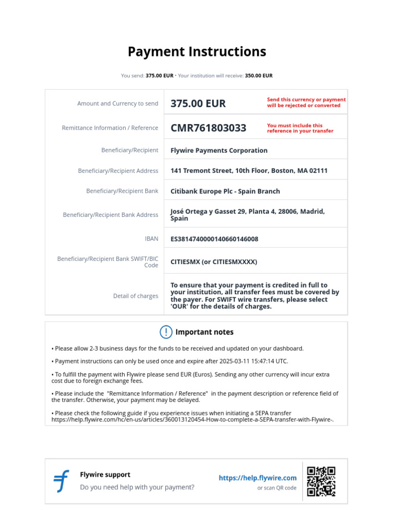 Flywire Payment Instructions for UCAM | PDF | Wire Transfer | Banking