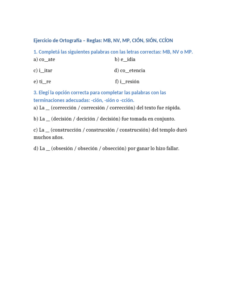 Ejercicio Ortografia MB NV MP CION | PDF