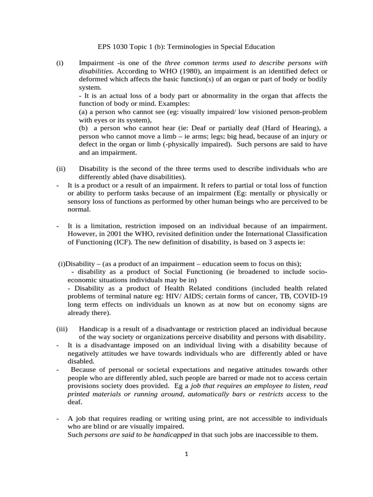 EPS 1030 Topic 1 (B) Terminologies in Special Education | PDF ...