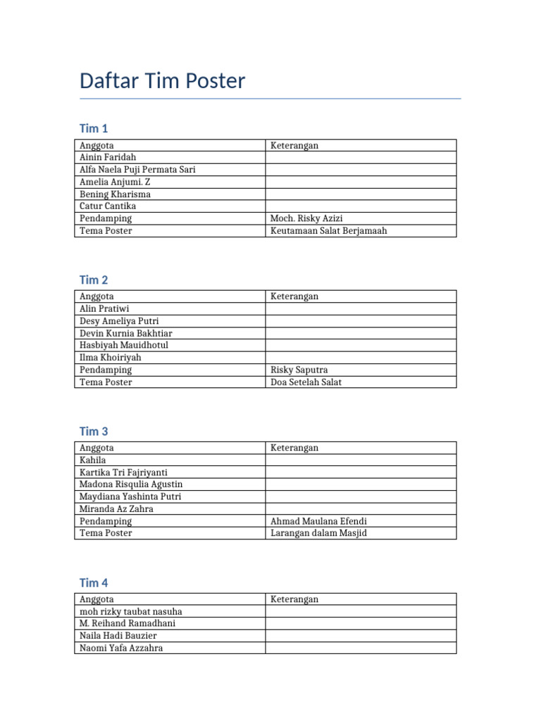 Daftar Tim Poster | PDF