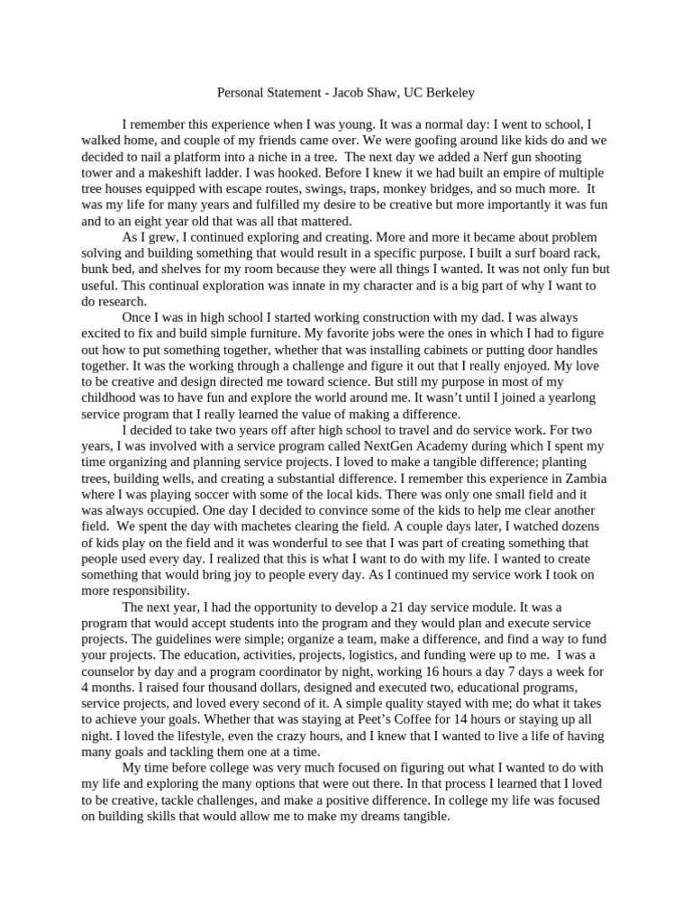 Jacob Shaw's Personal Statement for UC Berkeley | PDF
