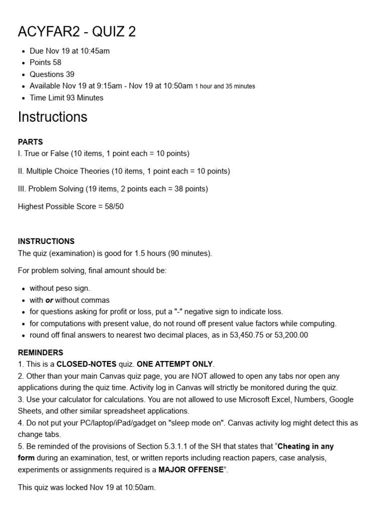ACYFAR2 Quiz 2 Instructions and Details | PDF | Historical Cost | Bonds ...
