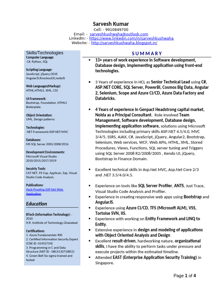 Resume SarveshDotNetAzure | PDF | Microsoft Sql Server | J Query