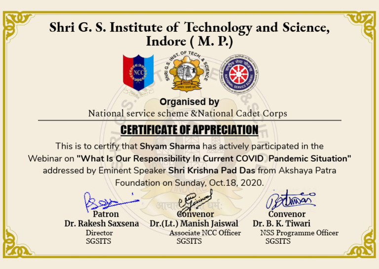 NCC NSS Certificate for Shyam Sharma | PDF
