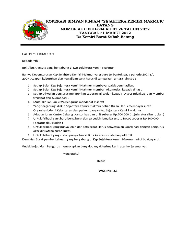 surat pemberitahuan kenaikan iuran bulanan | PDF