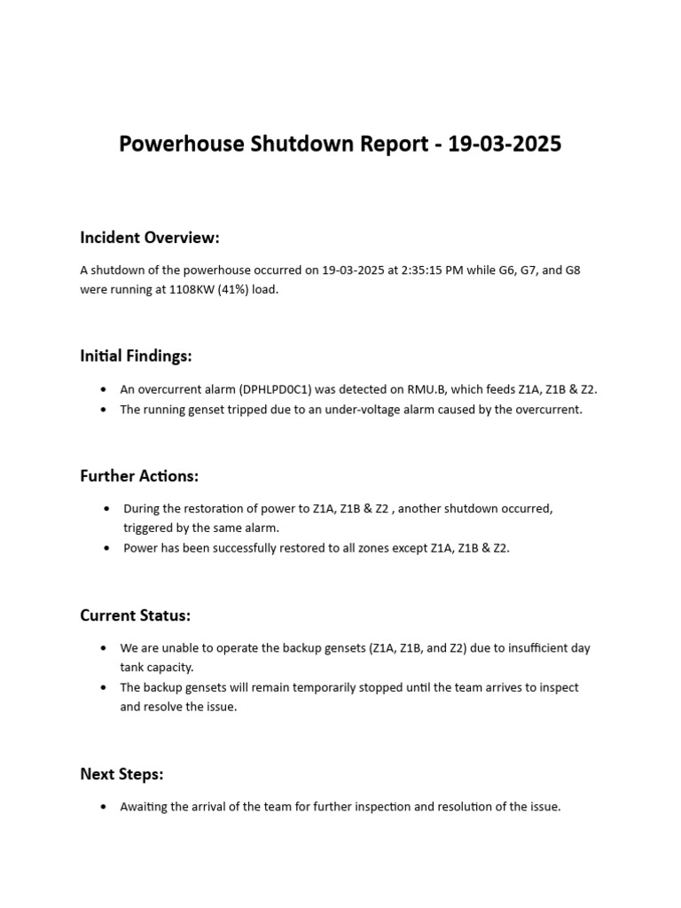 Powerhouse Shutdown Report | PDF