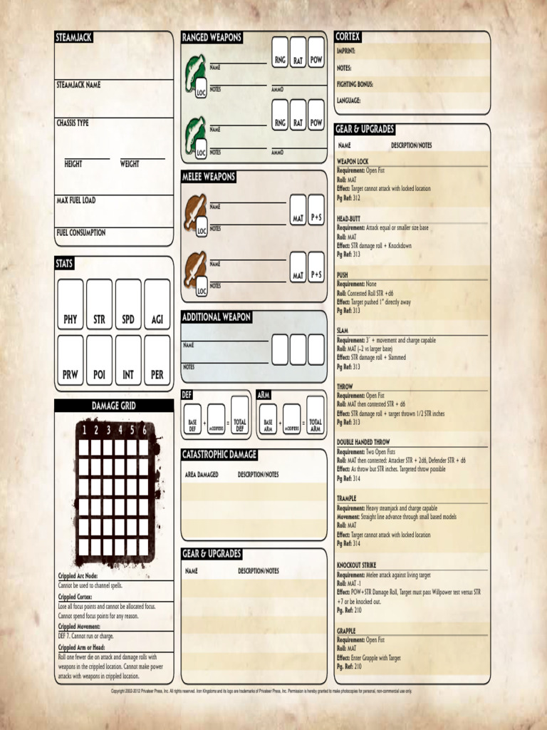 Iron Kingdoms - Steamjack Sheet | PDF