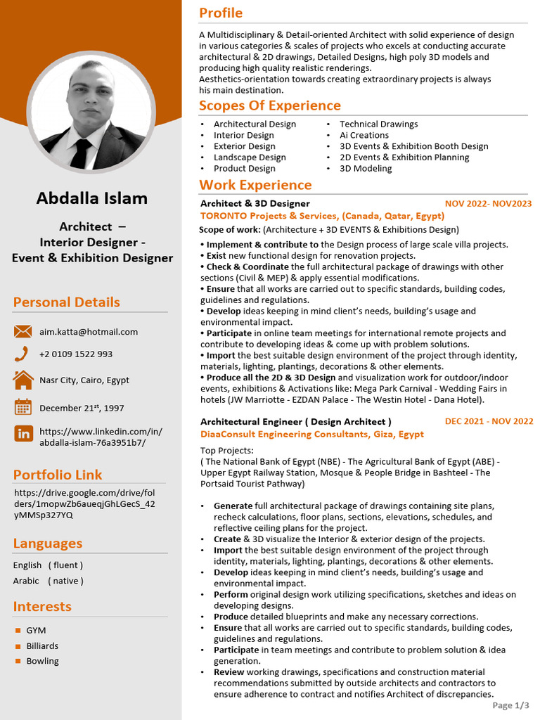 ABDALLA ISLAM - CV & Certificates | PDF | Architect | Interior Design