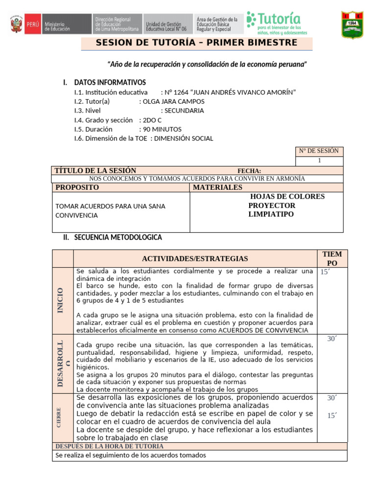 Esquema de Sesion de Tutoria 2025 | PDF | Salón de clases | Higiene